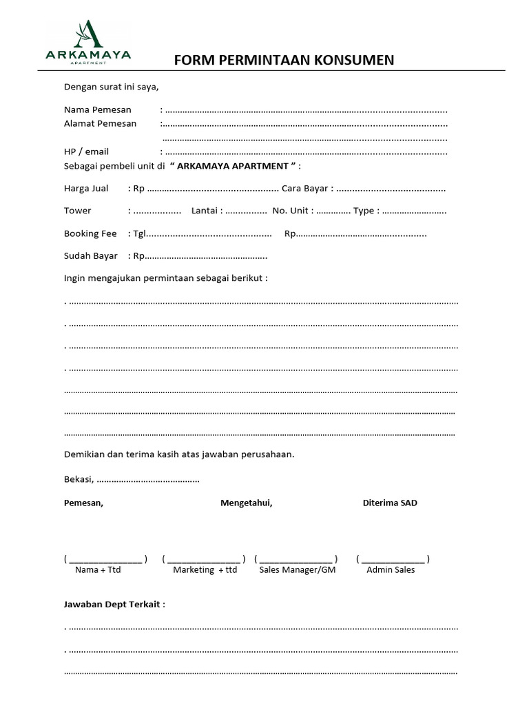 Permintaan Pembelian Arkamaya Apartment | PDF