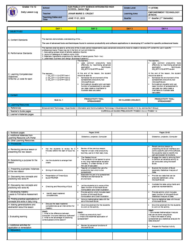 3RD Week JUNE 17 TO 21 ETECH 1ST SEM 2019 2020 | PDF | Microsoft Excel | Spreadsheet
