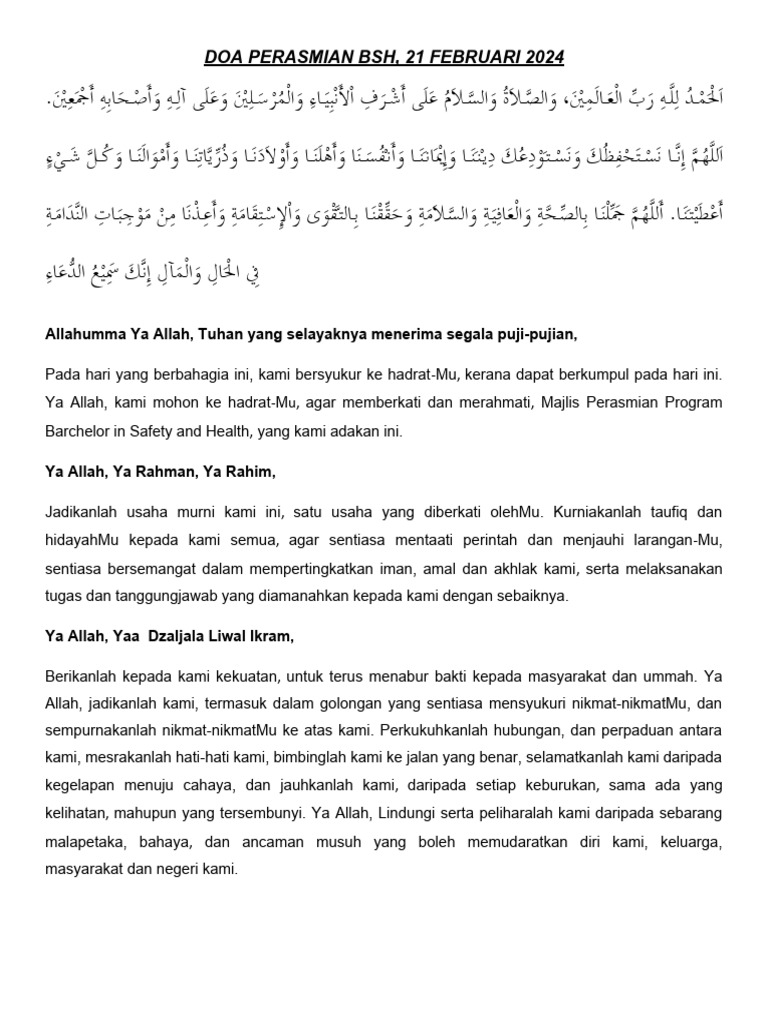 Doa Perasmian BSH | PDF