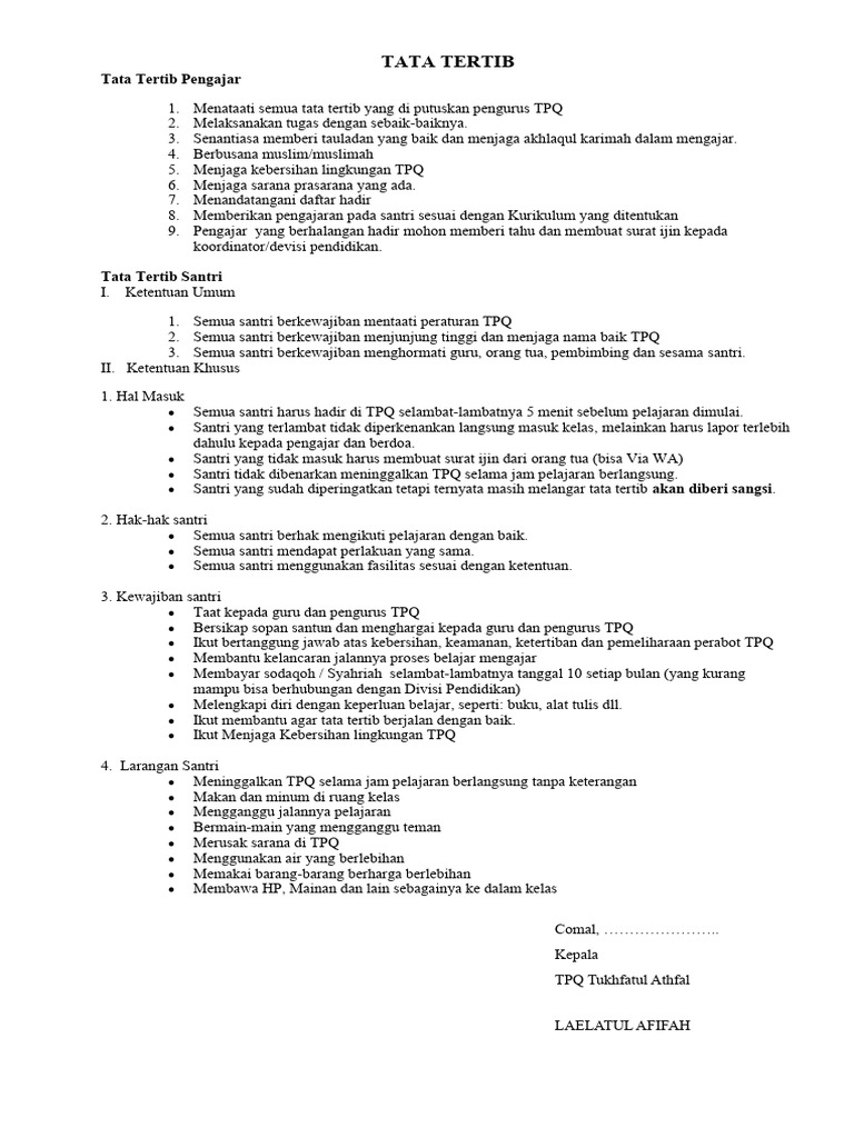 TATA TERTIB TPQ Tukhfatul Athfal 2024 | PDF