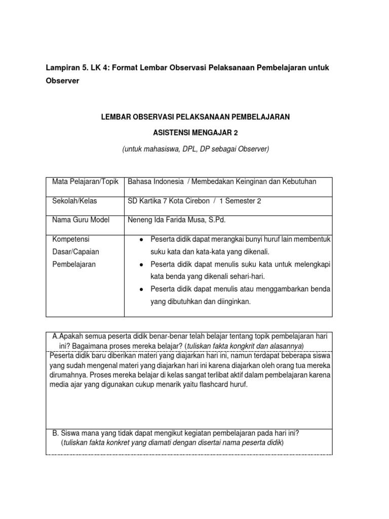 (Asistensi Mengajar 2) Lampiran 5. LK 4 Format Lembar Observasi Pelaksanaan Pembelajaran Untuk ...