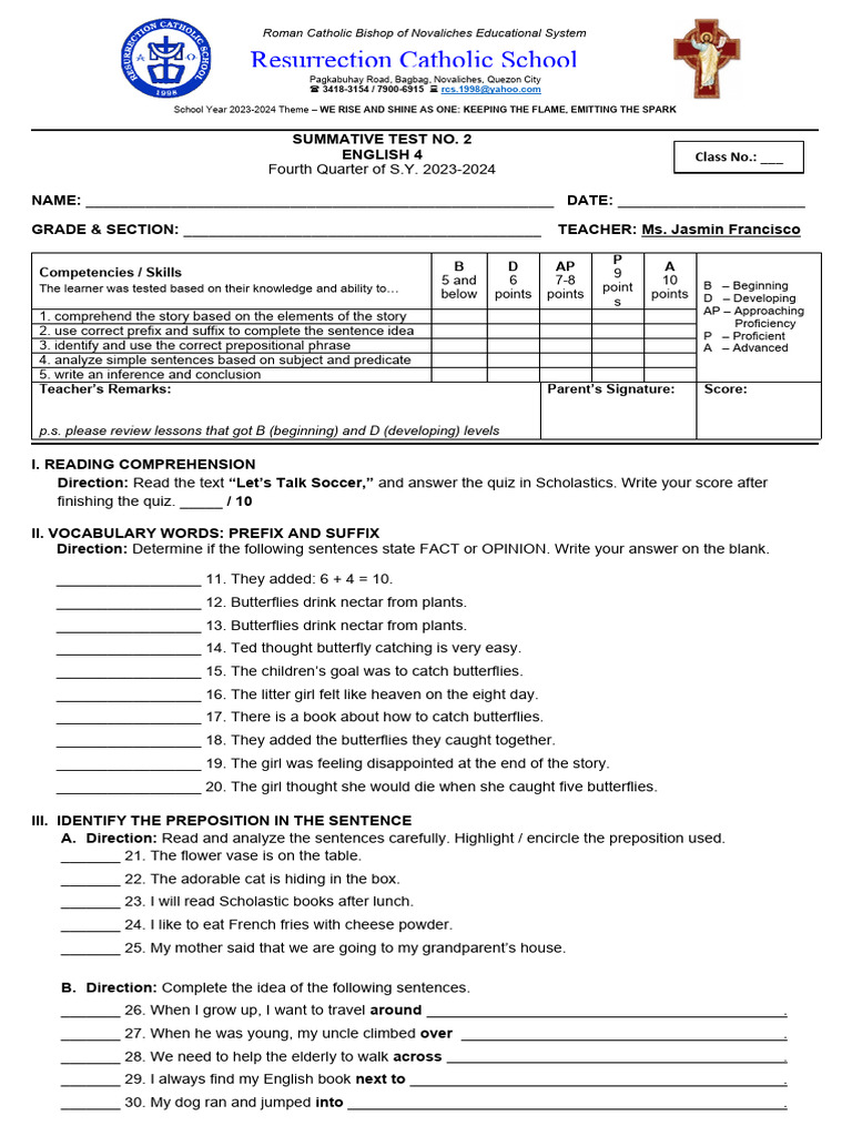 Q4 - English 4 - Quiz 1 | PDF | Reading Comprehension | Learning
