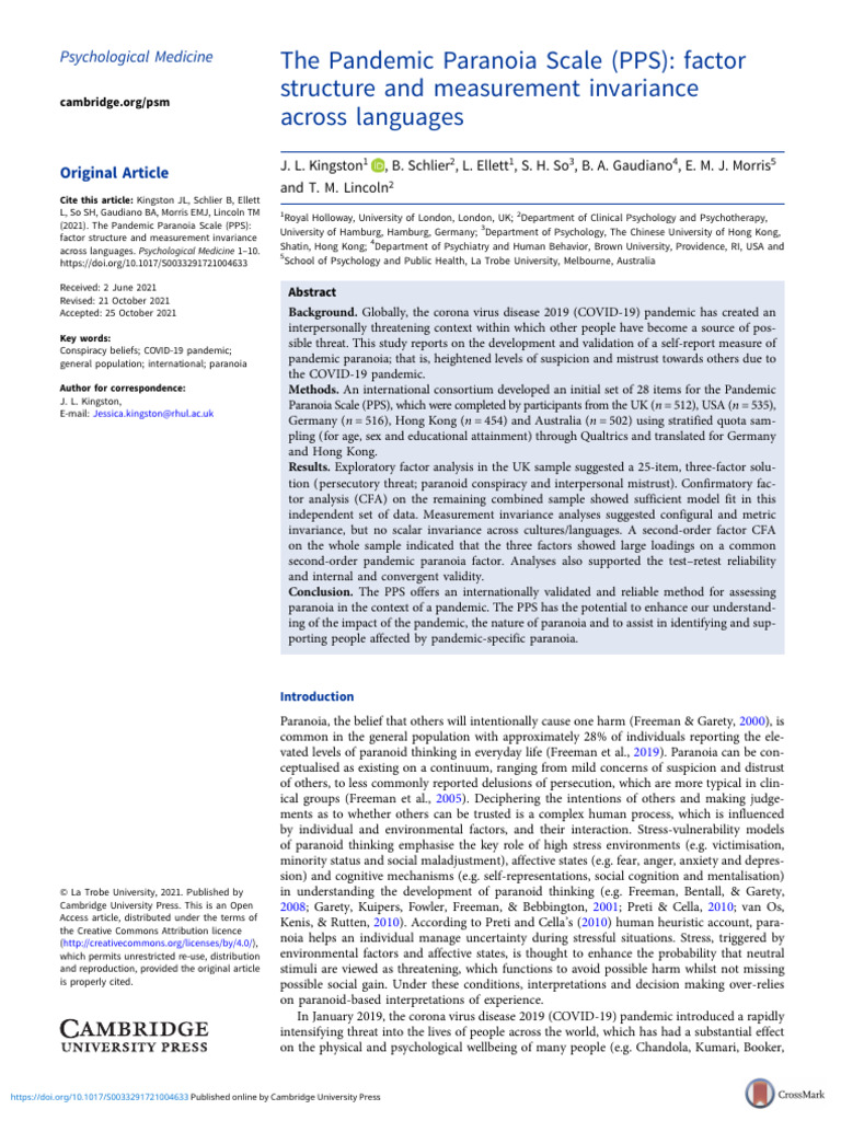The Pandemic Paranoia Scale Pps Factor Structure and Measurement ...