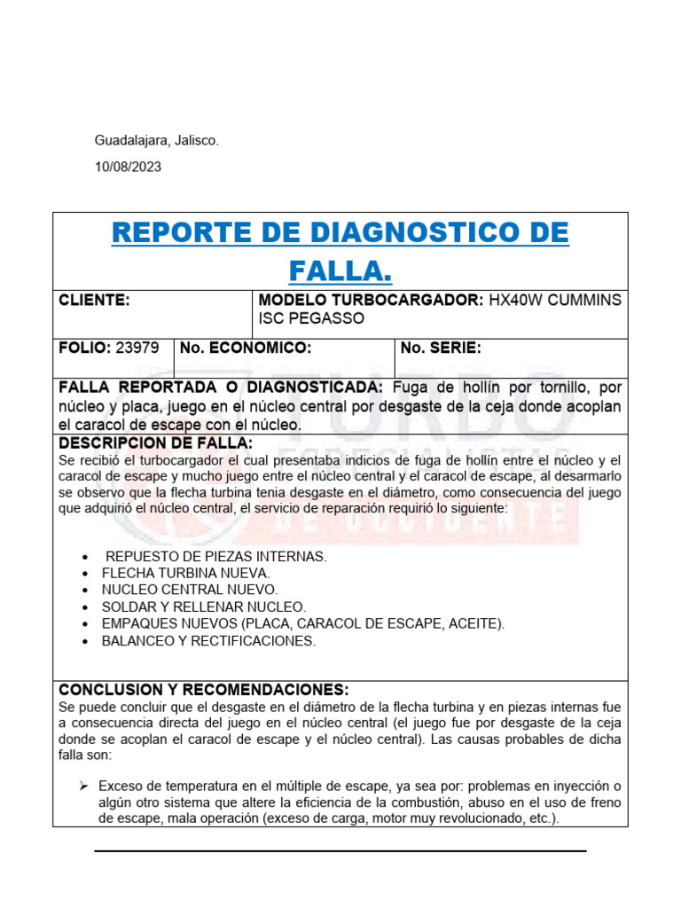 Reporte Falla 2 | PDF | Turbocompresor | Motores