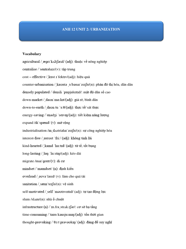 Vocabulary: Anh 12 Unit 2: Urbanization | PDF | Hanoi | Urbanization