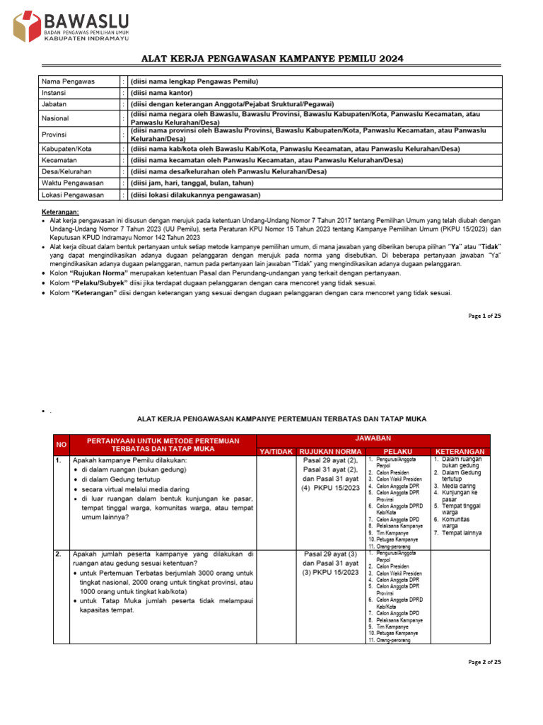 Alat Kerja Pengawasan Kampanye Pemilu 2024 | PDF