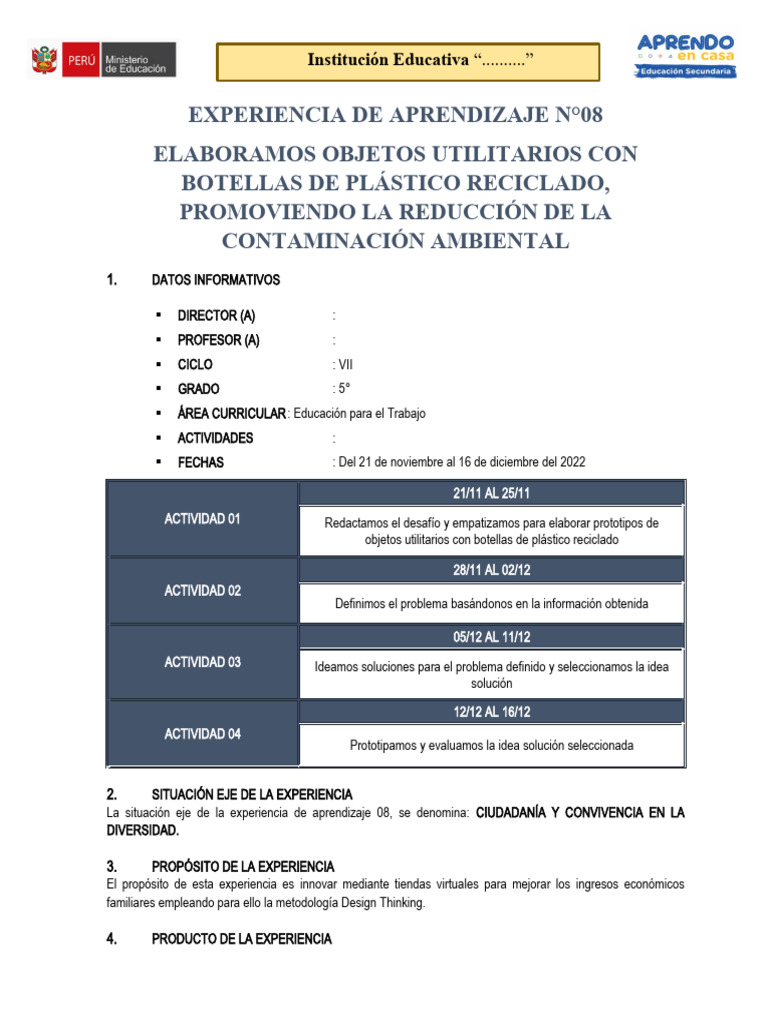 EXPERIENCIA DE APRENDIZAJE 08 - EPT - 5to | PDF | Aprendizaje | El plastico