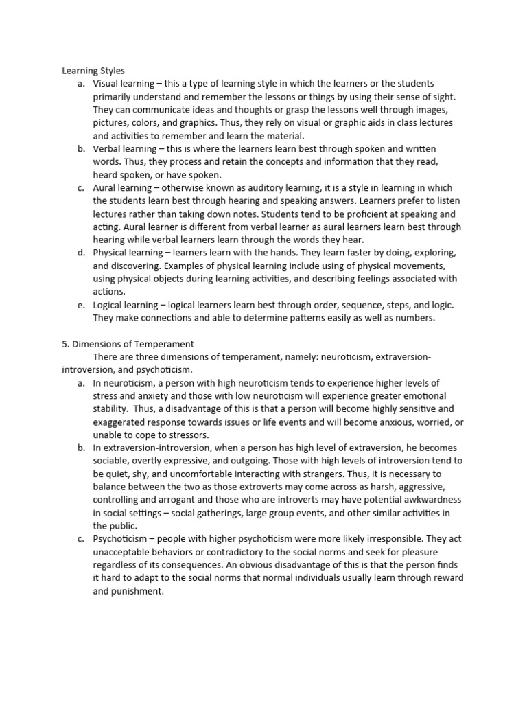 Learning Styles and Dimensions of Temperament | PDF | Extraversion And Introversion | Learning