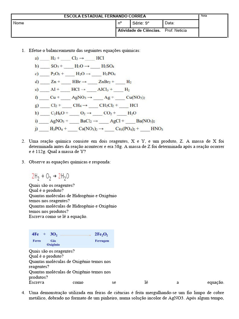Atividade de Ciencias | Download grátis PDF | Reações químicas | Química