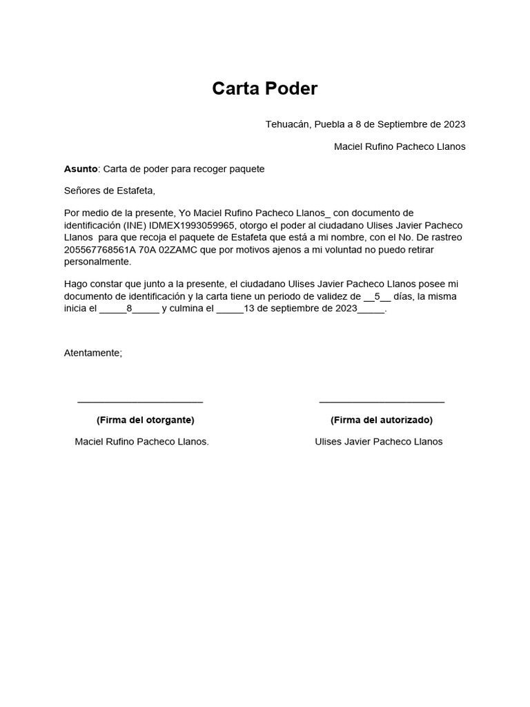 Carta Poder para Recoger Un Paquete en Estafeta | PDF | Derecho