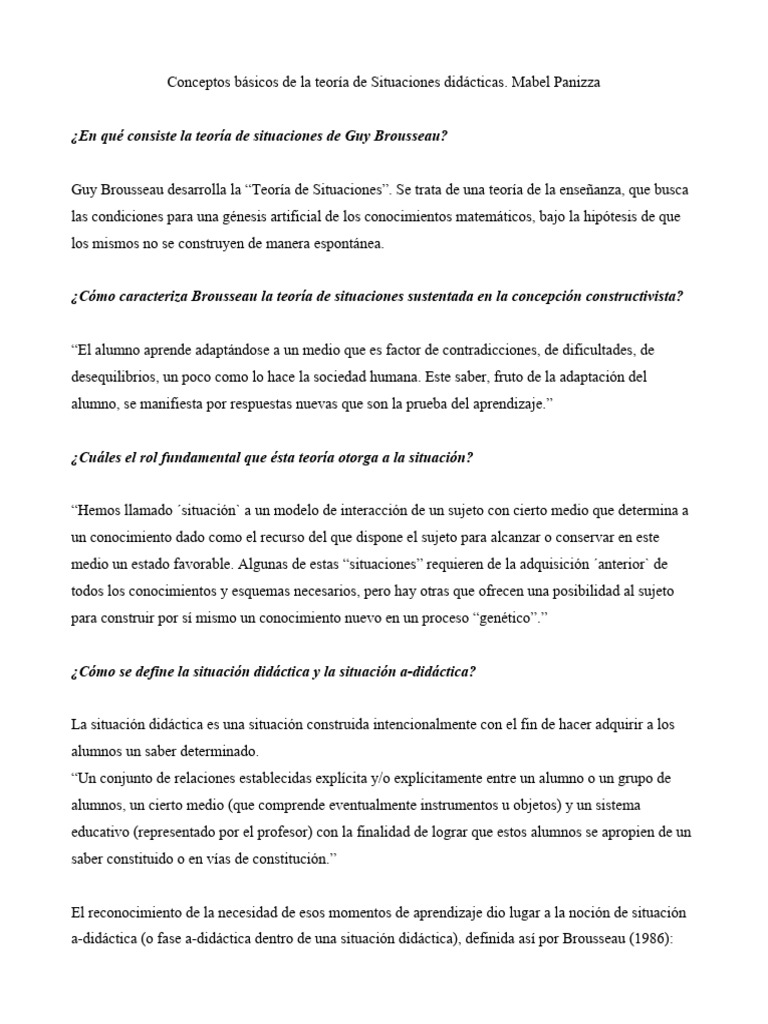 Teoria de Situaciones didacticas.M.Panizza | PDF | Enseñando | Teoría