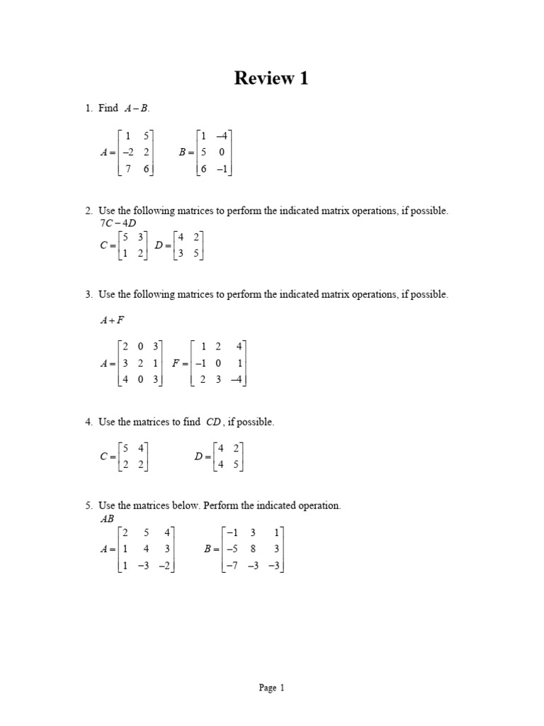 Review 1 1 Pdf Matrix Mathematics Determinant