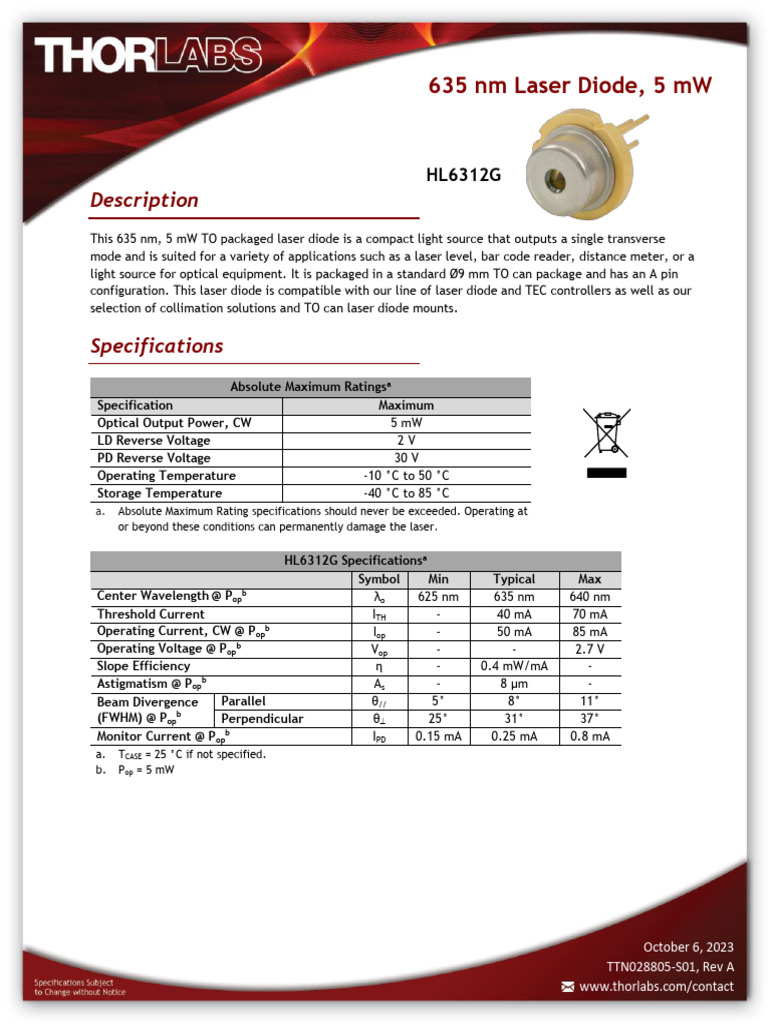 HL6312G SpecSheet | Download Free PDF | Laser | Laser Diode