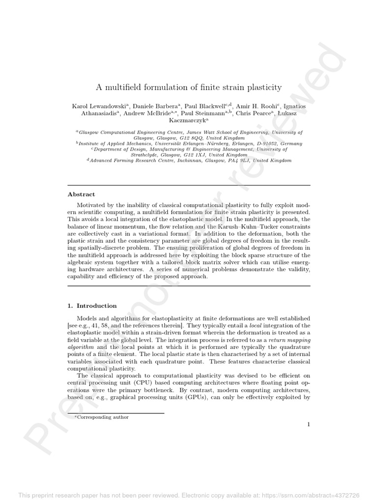 A Multifield Formulation of Finite Strain Plasticity | PDF | Solid Mechanics | Mathematics