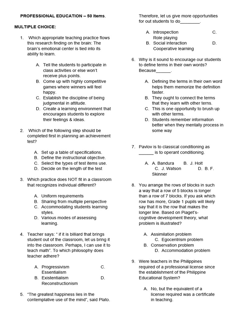 LET-PROF-ED-1-50 Samples Questions | PDF | Teachers | Learning