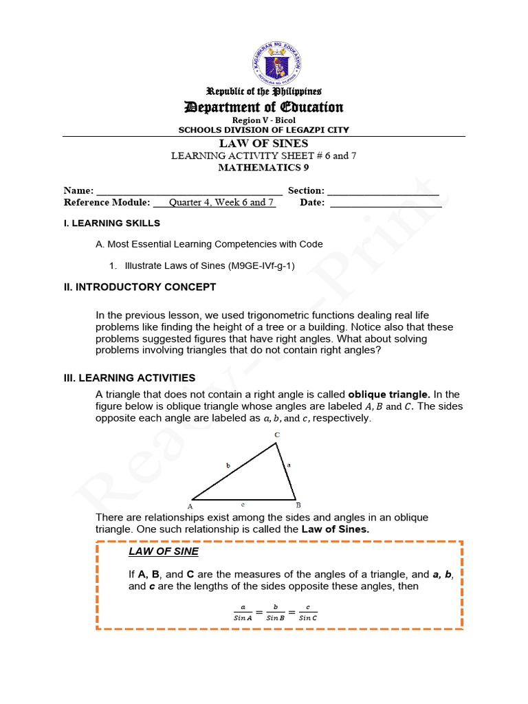 Las 6 Law of Sine Week 6 and 7 | PDF | Triangle | Trigonometric Functions