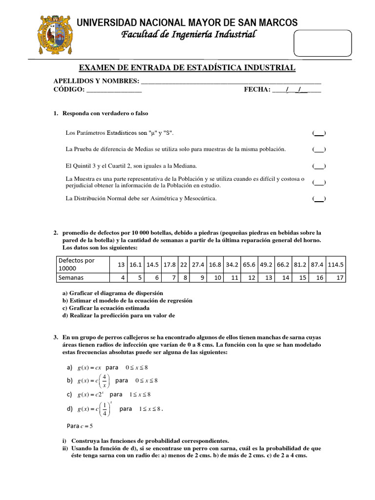 Examen de Entrada de Estadistica Industrial | PDF | Muestreo (Estadísticas) | Análisis estadístico