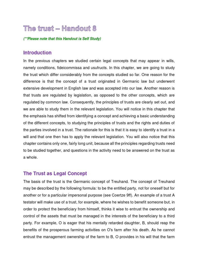 Study Unit 10 - HANDOUT 8 The Trust | PDF | Trustee | English Trust Law