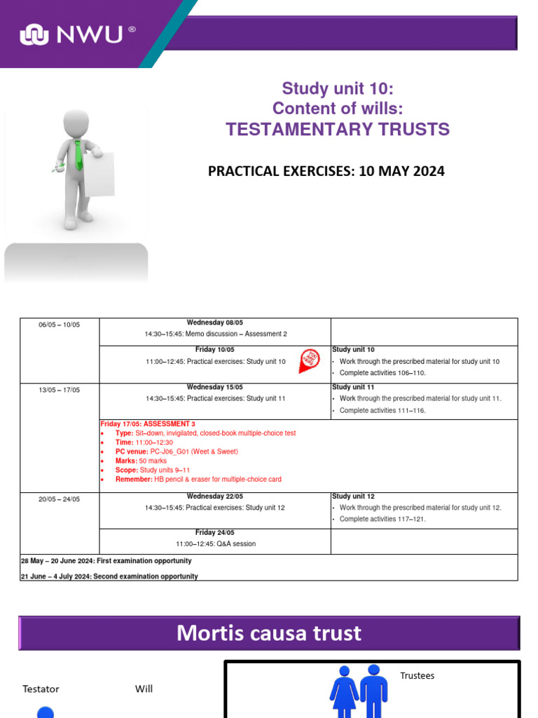 Iuri 313 - 2024 - Study Unit 10 - Practical Exercises - 10 May 2024 | PDF | Trustee | Will And ...