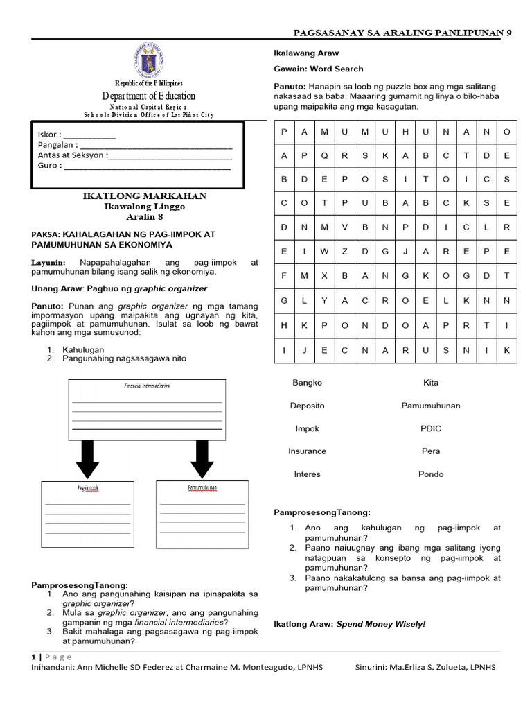 Aralin 8 Worksheet Q3 Kahalagahan NG Pag Iimpok at Pamumuhunan Sa ...