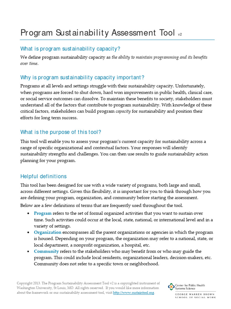 Sustainability-ToolV2 W-Scoring 12.11.13 | PDF | Program Evaluation | Sustainability