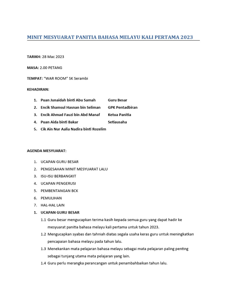 Minit Mesyuarat Bahasa Melayu Kali Pertama | PDF | Seni & Disiplin Bahasa
