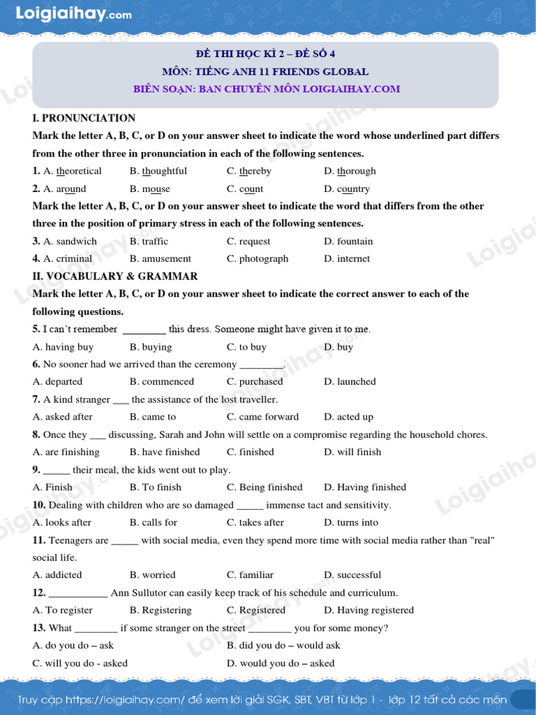 De Thi Hoc Ki 2 Tieng Anh 11 Friends Global de So 4 1713326745 | PDF | Mars | Physical Sciences