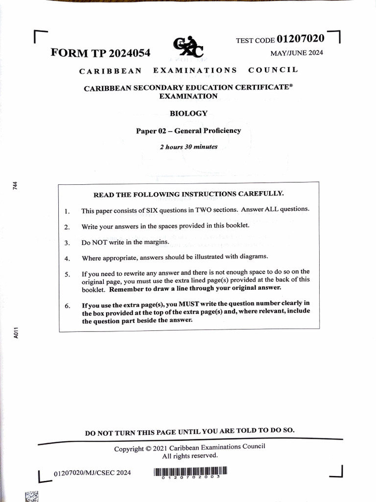 CSEC Biology June 2024 P2 | PDF | Student Assessment And Evaluation ...