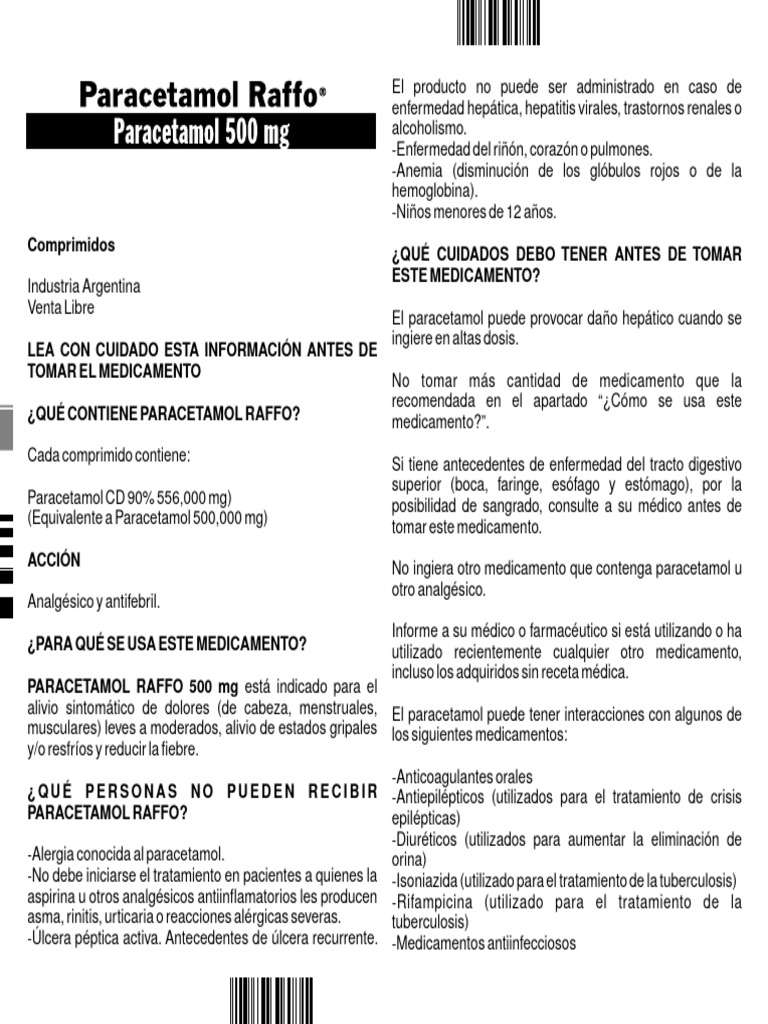 Prospecto Paracetamol Raffo 500 mg | PDF | Medicamentos con receta ...