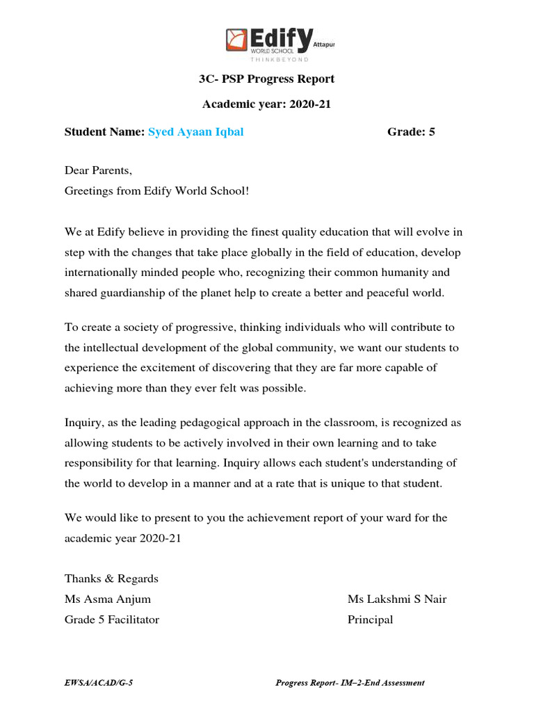 3C-PSP Progress Report Academic Year: 2020-21 Student Name: Grade: 5 ...