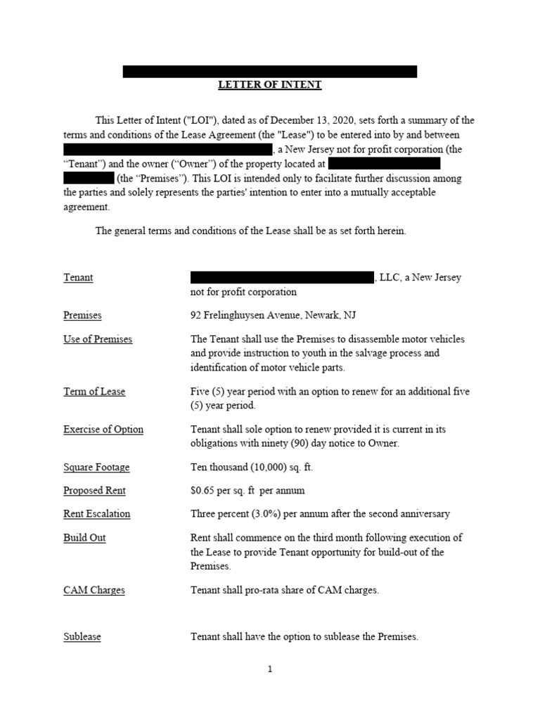 LETTER OF INTENT LEASE Redacted | PDF | Lease | Leasehold Estate