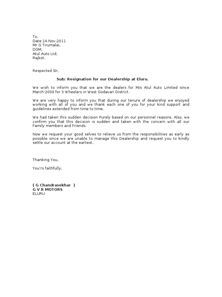 Dealership Resignation Notice for Atul Auto | PDF