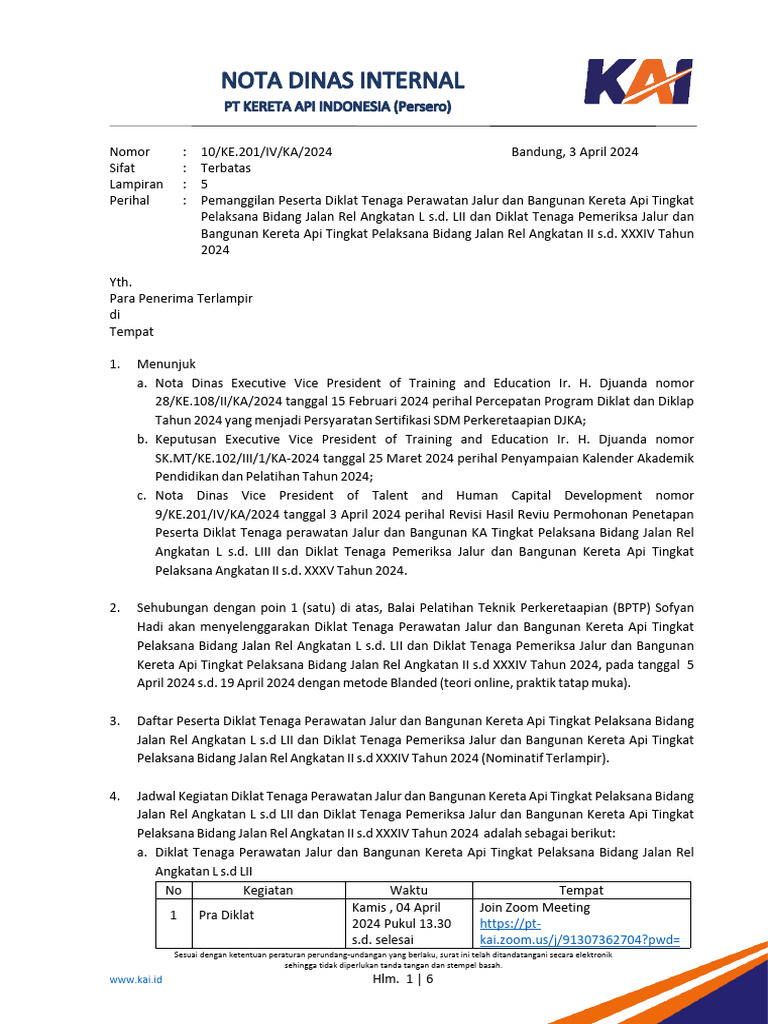 Nota Dinas Internal: PT Kereta Api Indonesia (Persero) | PDF