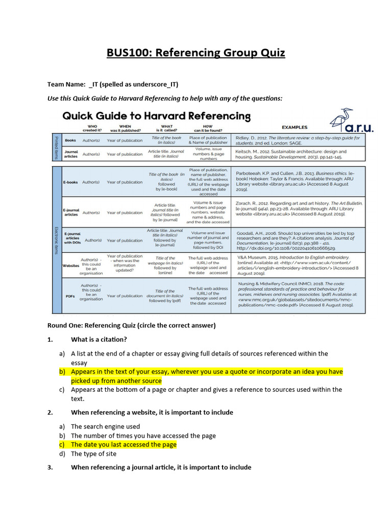 BUS100 Week 3 Quiz Sheet | PDF | Citation | Human Communication