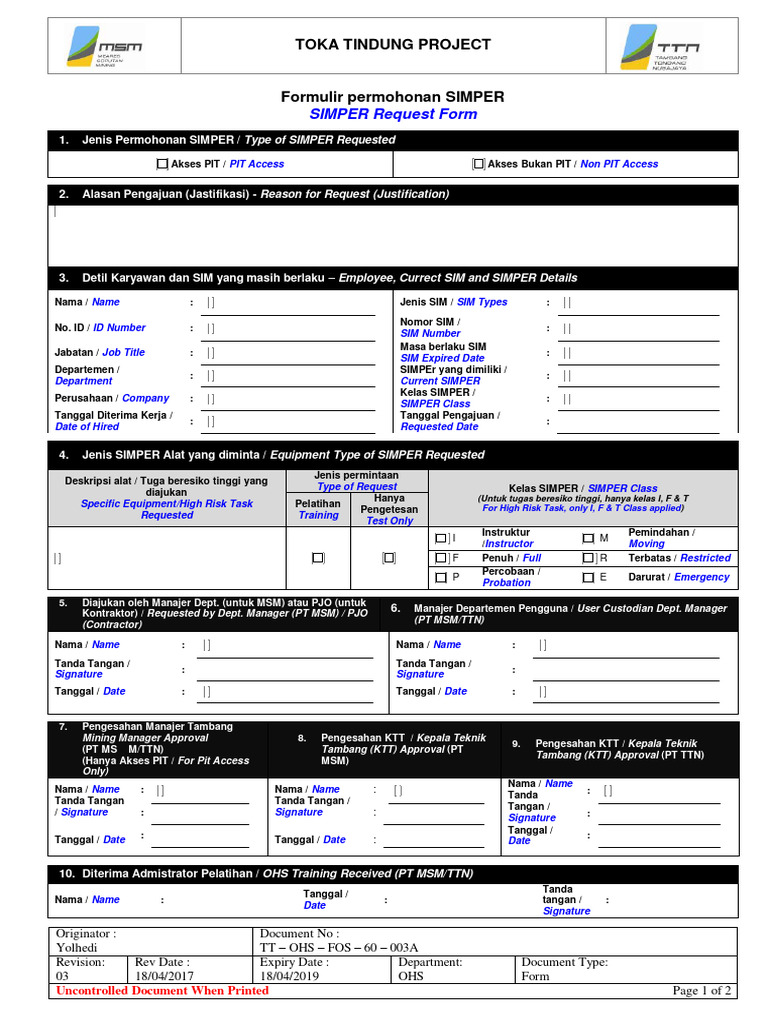 Blank Form Request SIMPER MSM | PDF