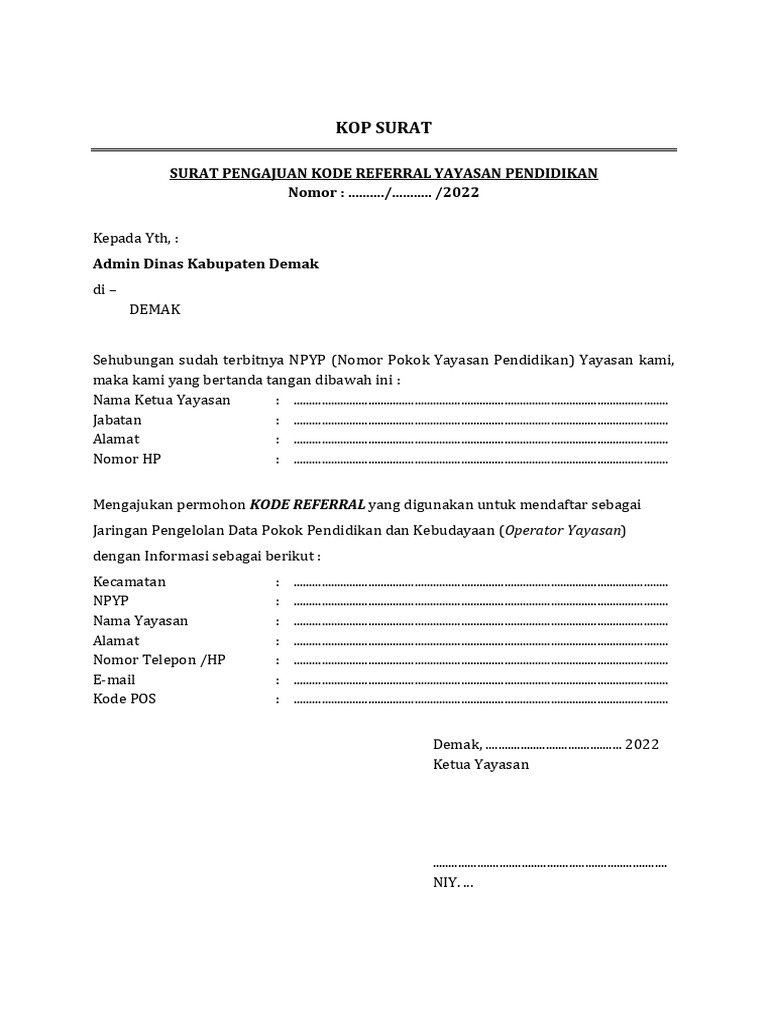 Lampiran 1 Pengajuan Kode Referral Yayasan | PDF