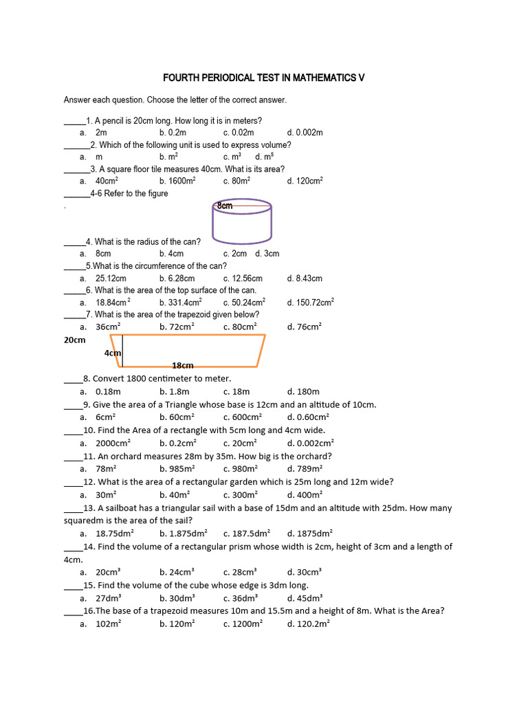 PT - Mathematics 5 - Q4 V1 | PDF