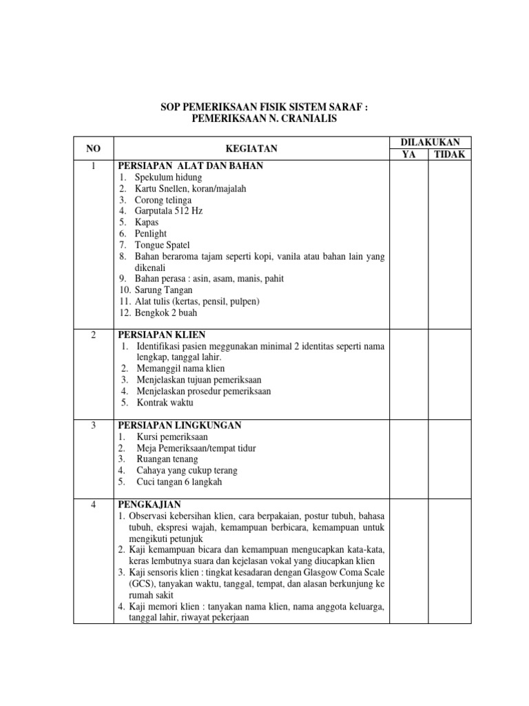 Sop Pemeriksaan Fisik Sistem Saraf I - Revisi 2023 | PDF