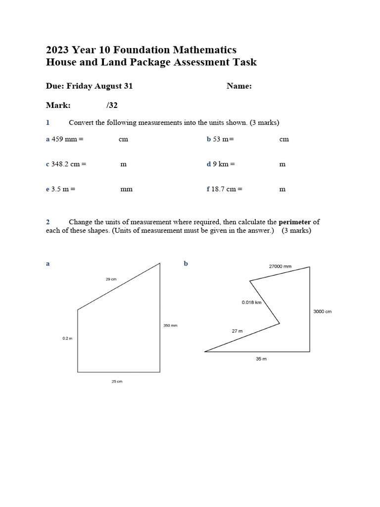2023 Year 10 Foundation Mathematics House and Land Package Assessment ...