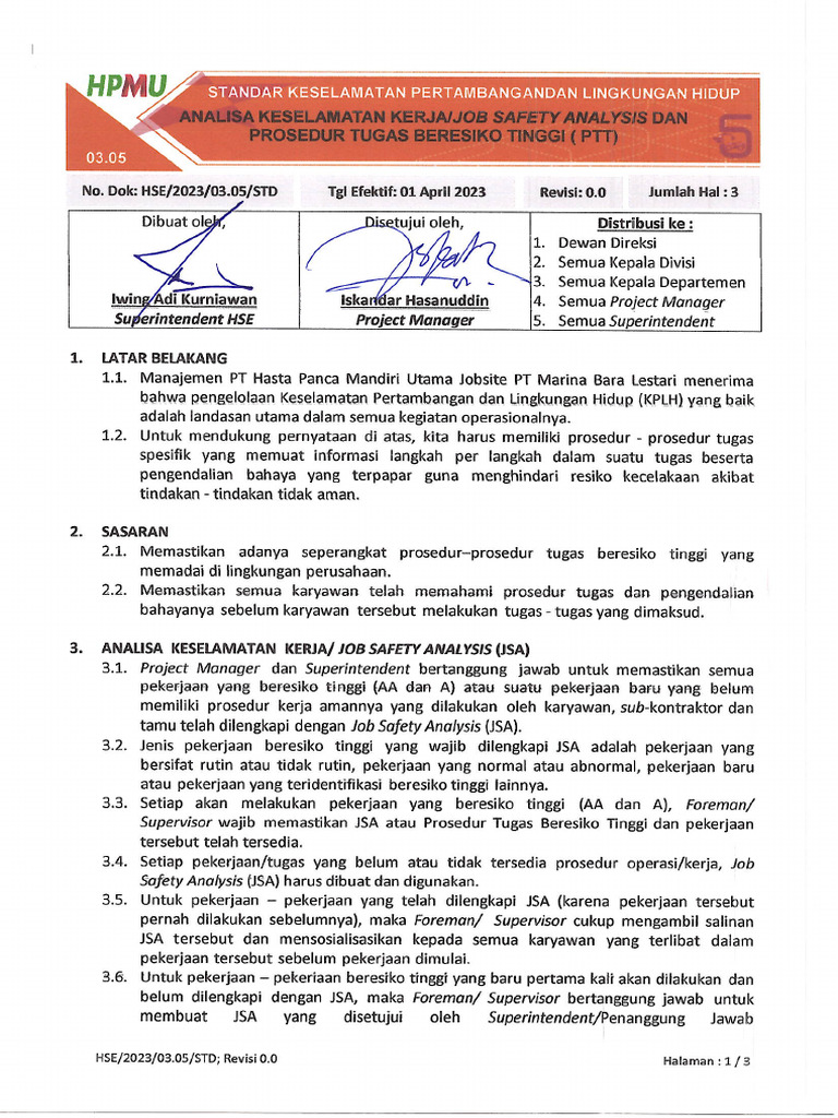 HPMU 03.05. HSE-2023-STD Rev 0.0 - Analisa Keselamatan Kerja-JSA Dan PTT - Jobsite MBA | PDF