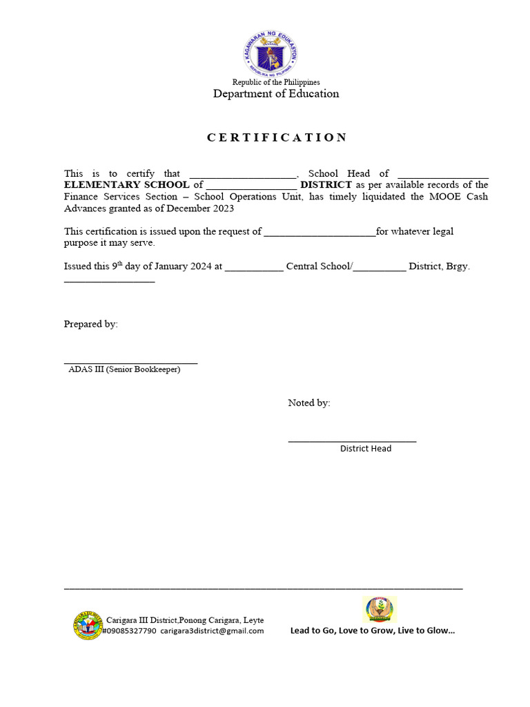 MOOE Certification | PDF | Philippines