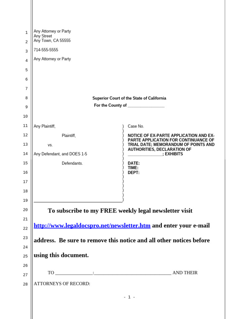 Sample Ex Parte Application For Continuance of Trial Date For California | PDF | Continuance ...