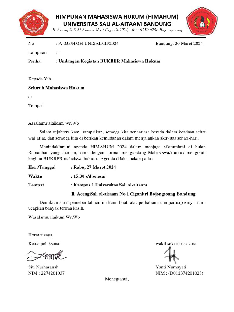 Undangan BUKBER Mahasiswa Hukum 2024 | PDF