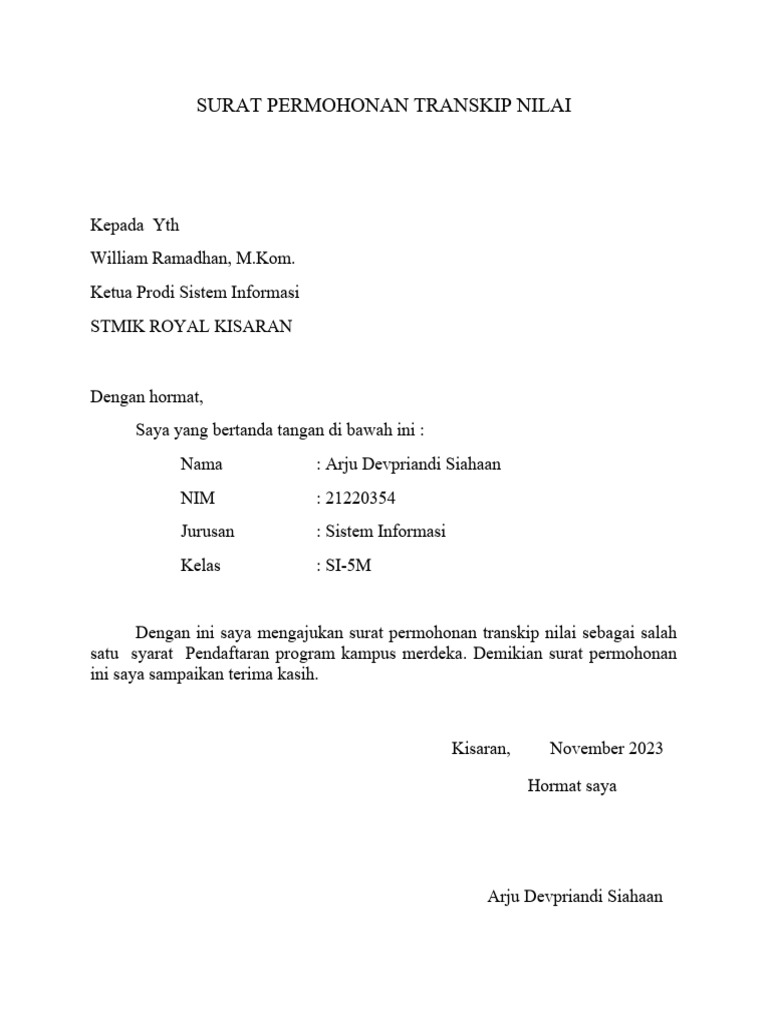 Surat Permohonan Transkrip Nilai | PDF