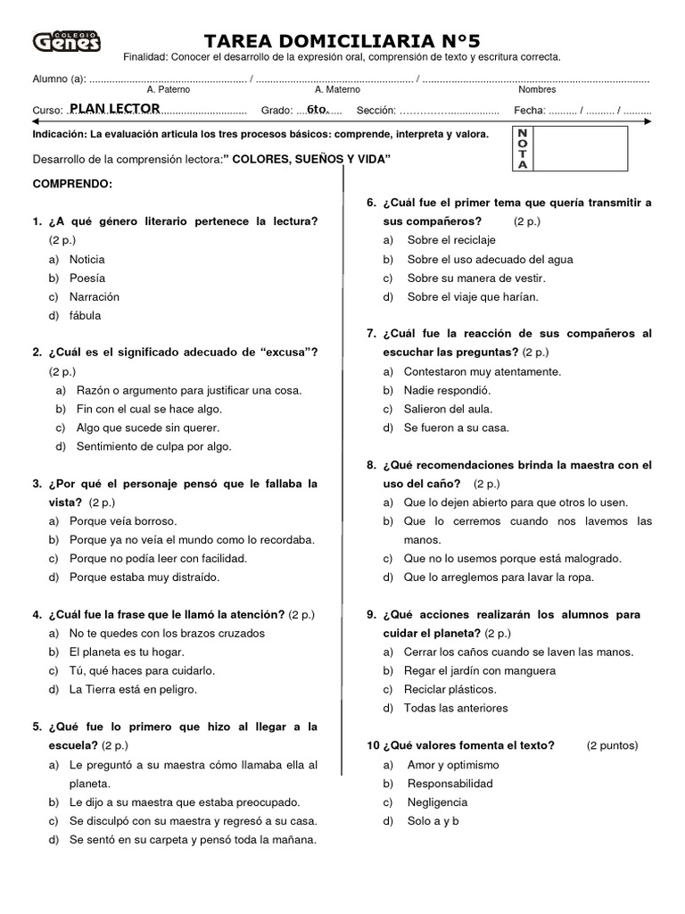 T5 - Plan Lector 6to - Tarea | Descargar gratis PDF | Comprensión lectora