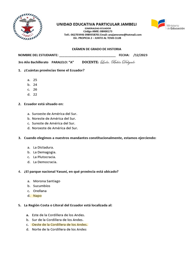 Cuestionario EXAMEN GRADO 3RO BGU | PDF | Ecuador | Patriarcado