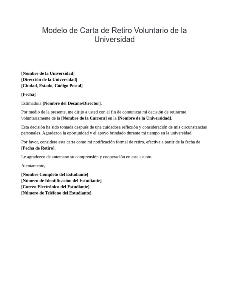 Modelo de Carta de Retiro Voluntario de La Universidad | PDF