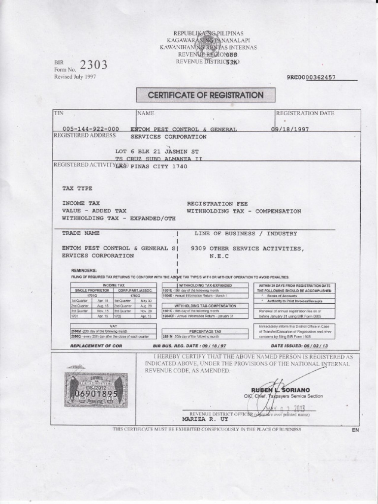 BIR Certificate of Registraion | PDF | Money | Economies