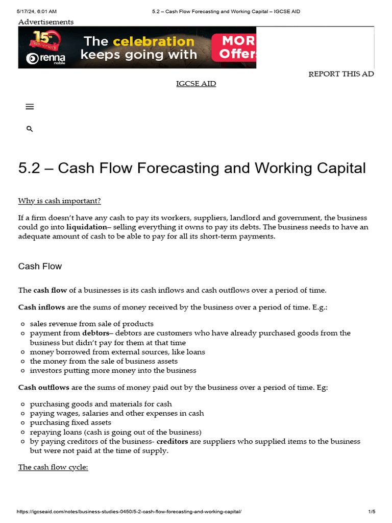 5.2 - Cash Flow Forecasting and Working Capital - IGCSE AID | PDF | Working Capital | Finance ...