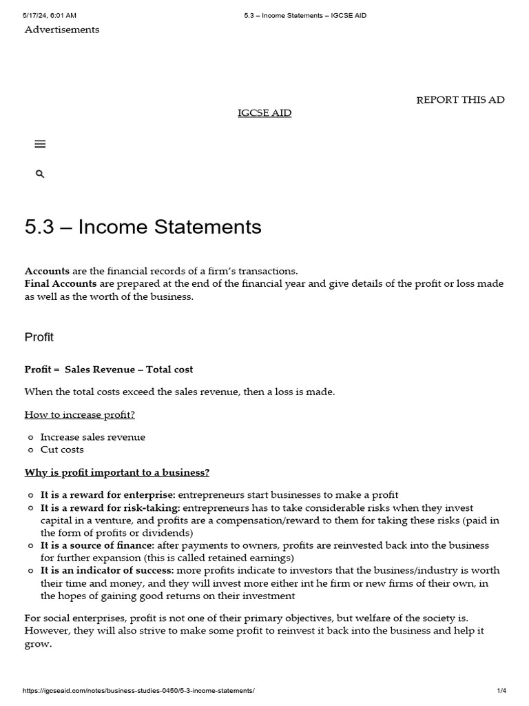 IGCSE Income Statement Overview | PDF | Dividend | Net Income